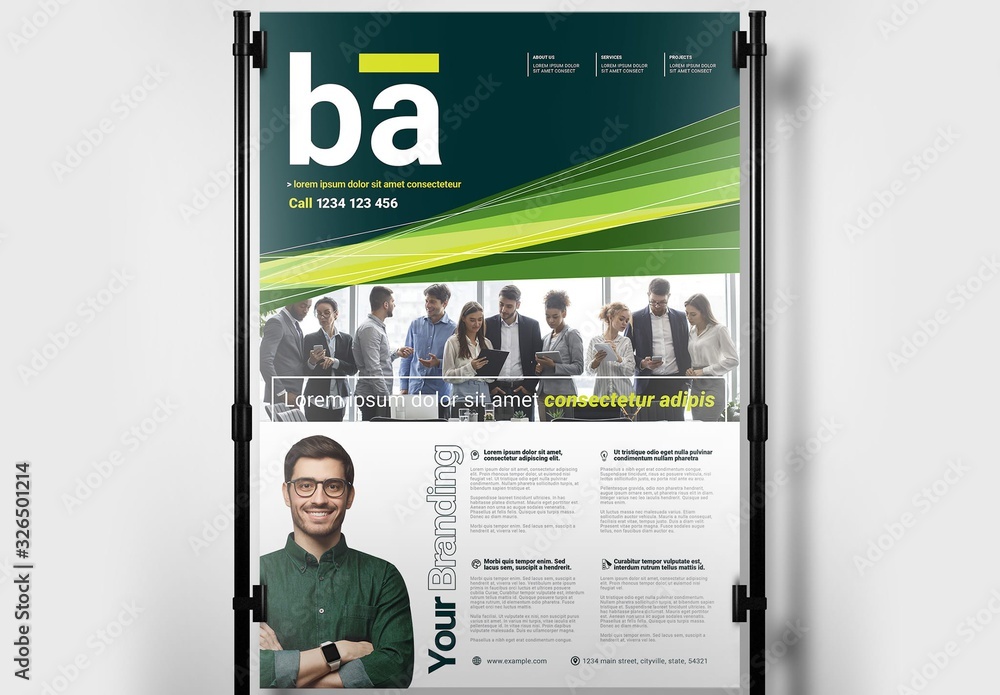 Business Poster Layout with Green Accents Stock Template | Adobe Stock