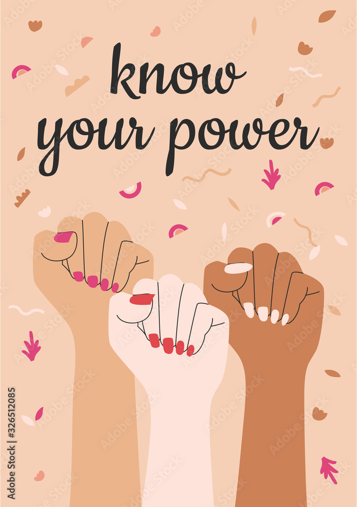 Postcard with three fists with colorful nails. Women's hands as symbol ...