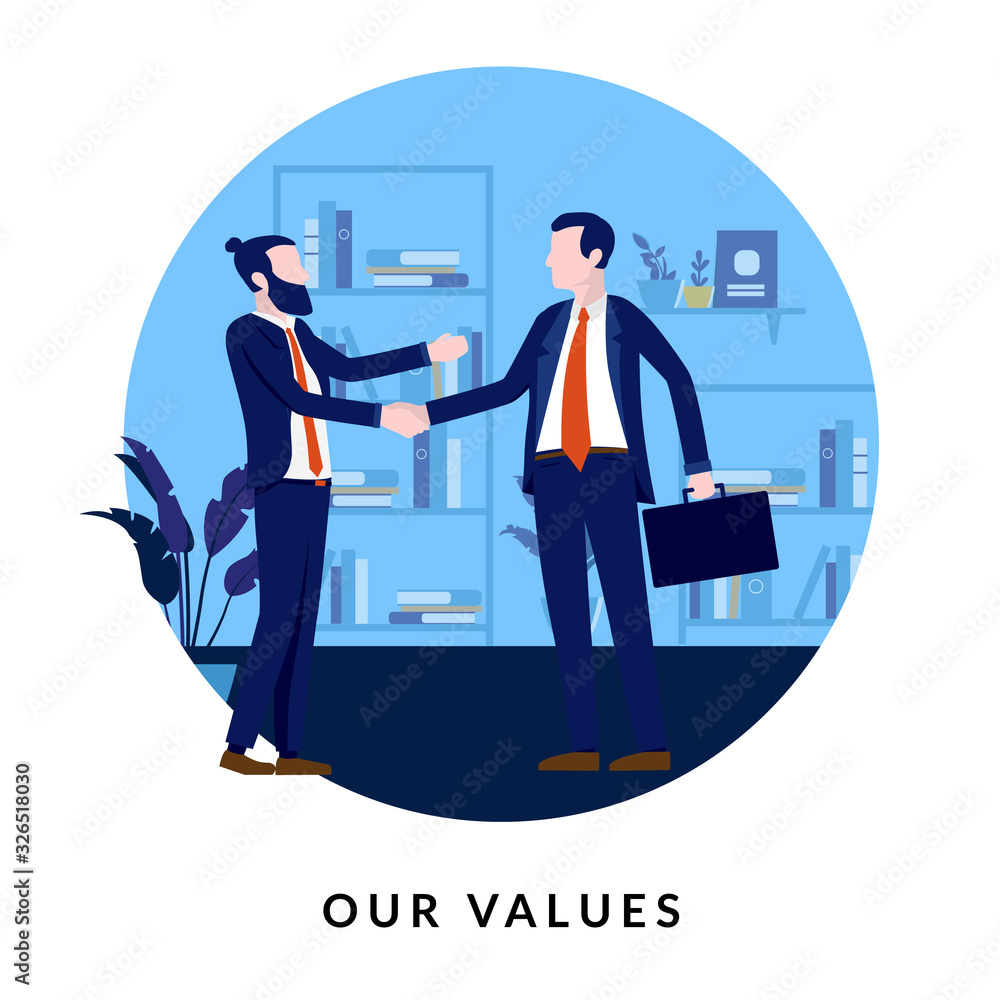 Business values - Two businessmen shaking hands in office. Being polite ...