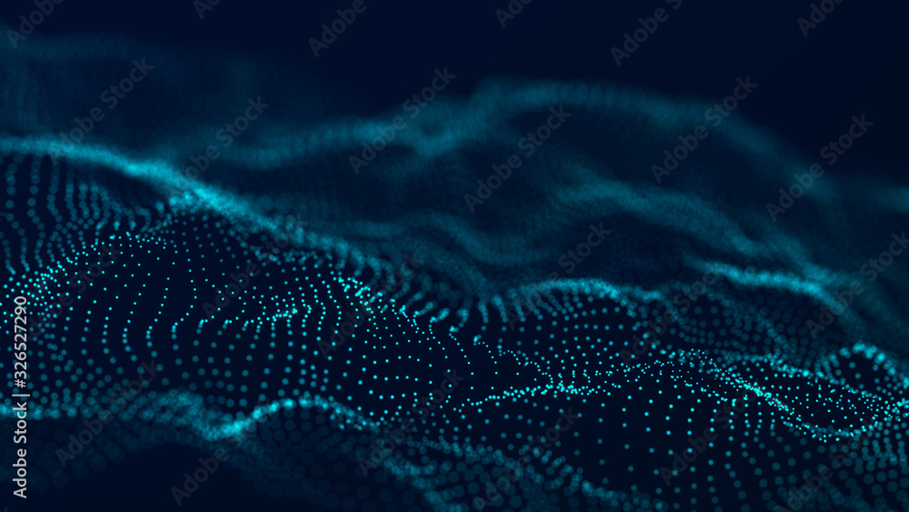 Dynamic wave of glowing particles. Digital technology background. 3d ...