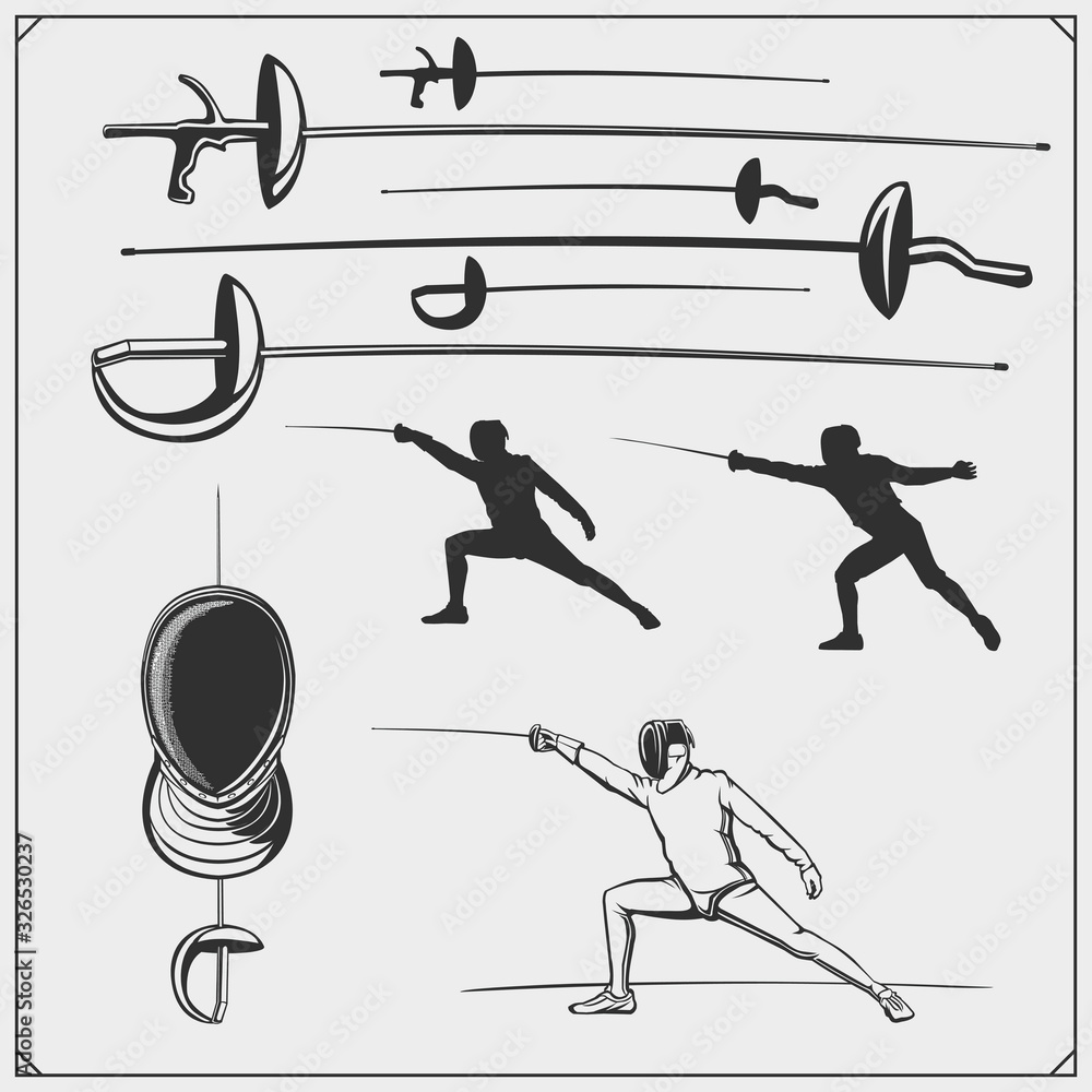 Set of fencing sport emblems with fencer in helmet. Swordsman Equipment ...