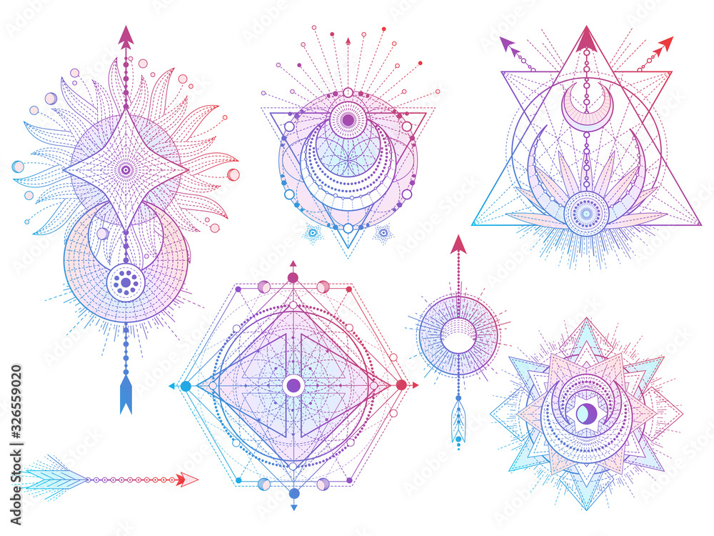 Vector set of Sacred geometry symbols with moon, sun, and arrows on ...