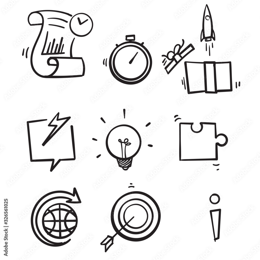 hand drawn Startup line icons. Launch Project, Business report and Target. Strategy linear icon ...