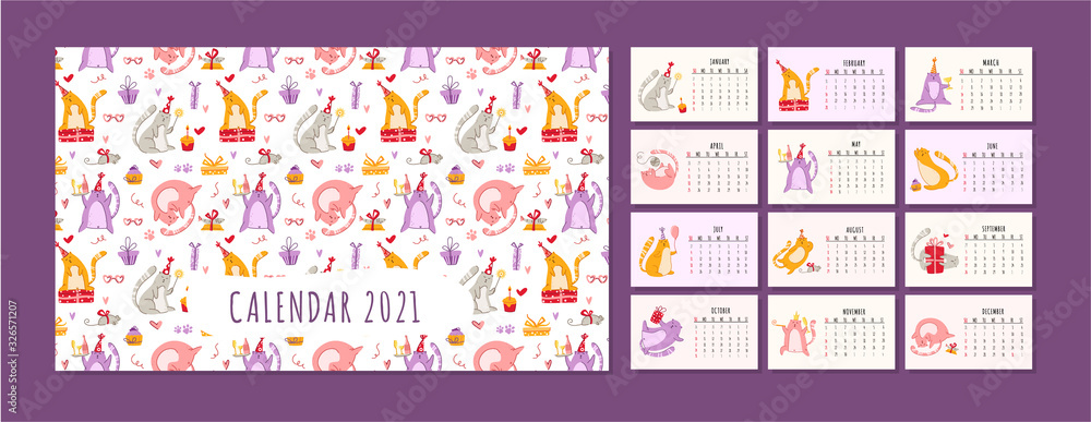 Cats birthday party calendar 2021 - funny kitten in festive hat, gift ...