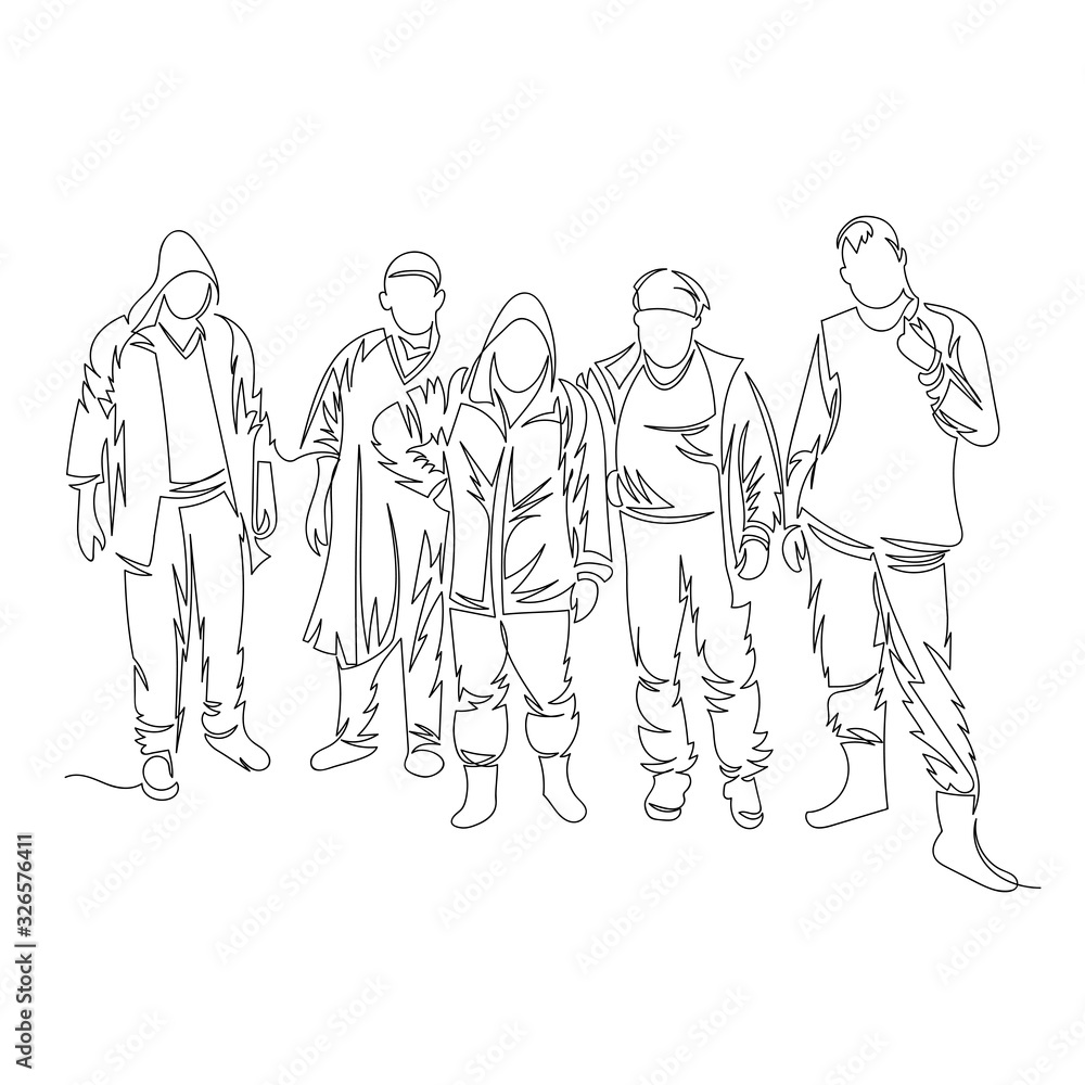 group of people. vector image with a single line. contour line. one ...