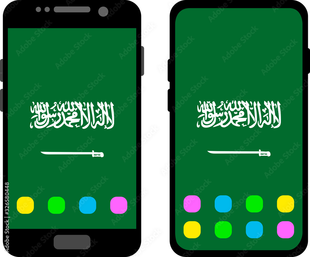 Two black smartphones with a home screen and wallpaper with the flag of ...
