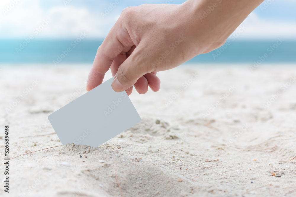 Vacation day travel card with hand-holding Mockup card used for add ...