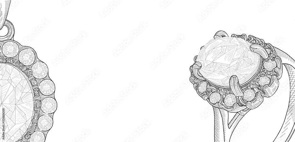 Ilustrace „Pencil drawing of a ring with precious stones on a white ...