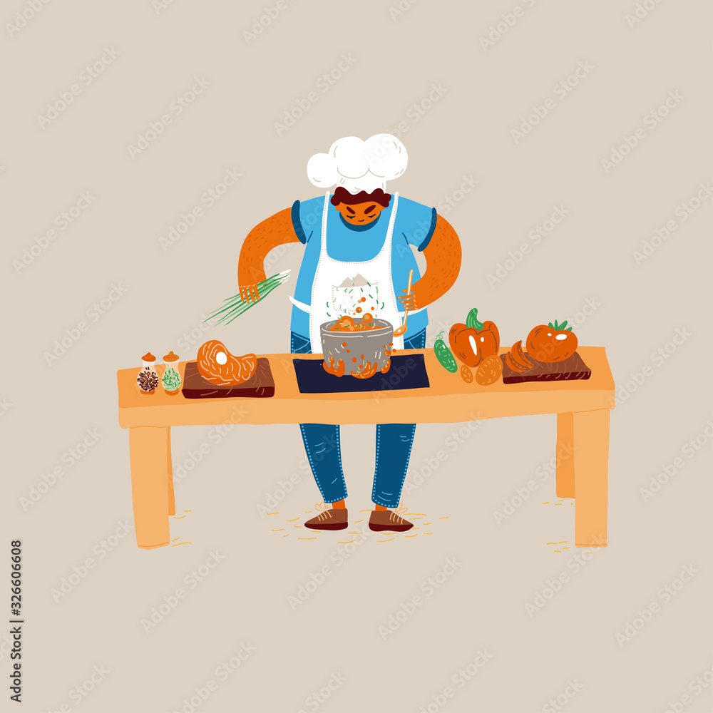 Vector cartoon illustration of home and small restaurant male man cook ...