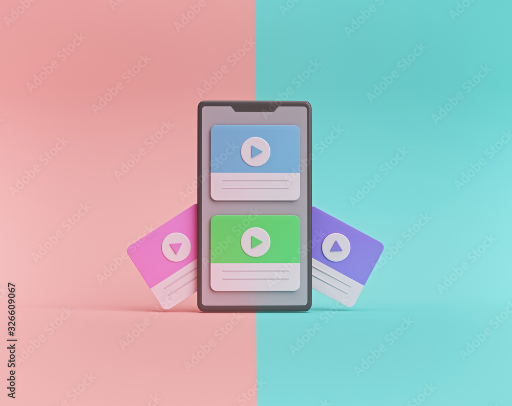 Videos on smartphone screen. Social media video player app interface ...