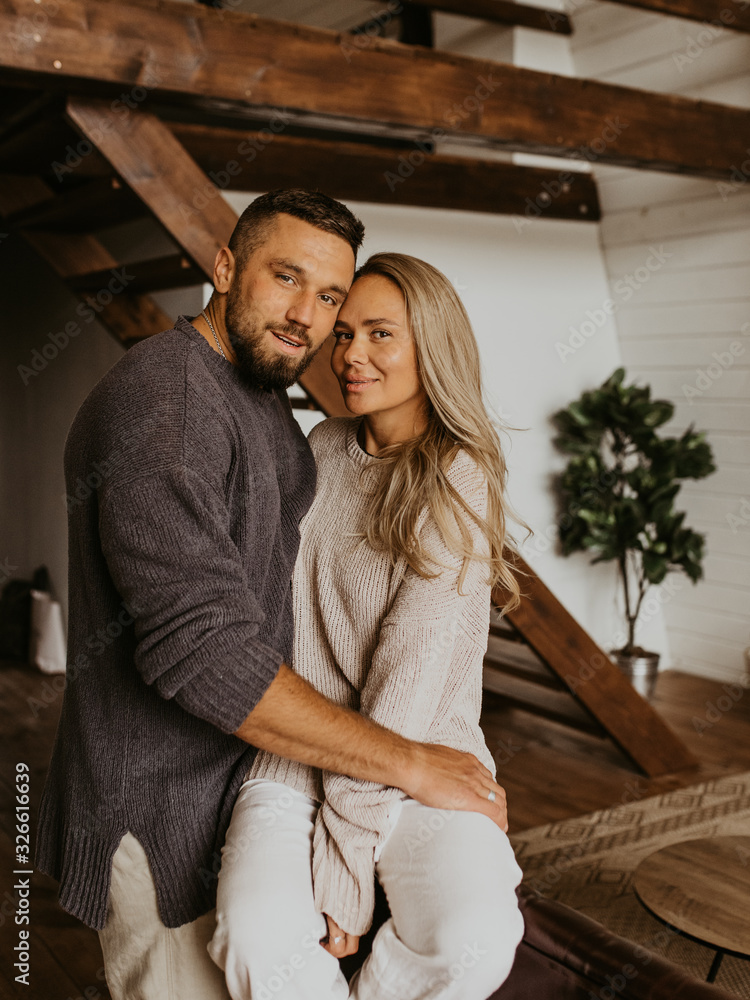 Beautiful loving couple hugging each other and kissing, natural light ...