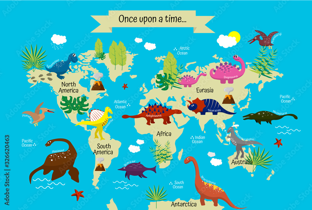 Cartoon Dinosaurs With Names On Modern World Map Continents And Oceans Cartoon Dinosaurs With Names On Modern World Map Continents And Oceans