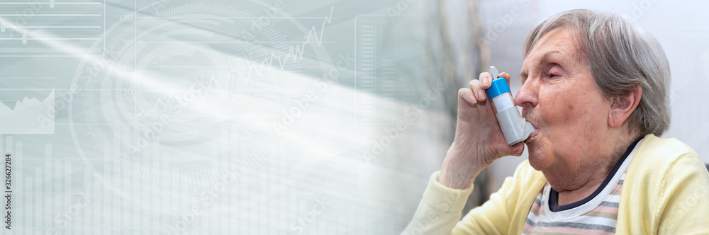 Old woman using an asthma inhaler; panoramic banner Stock Photo | Adobe ...