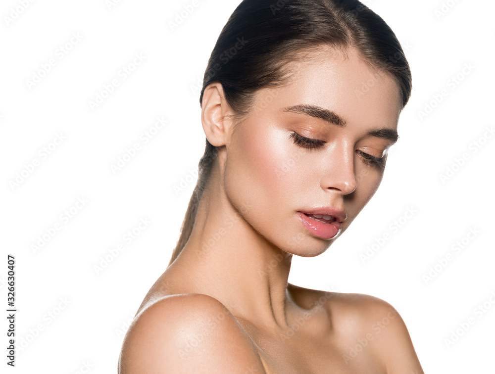 Beautiful woman face look down eyes lashes natural healthy skin spa ...