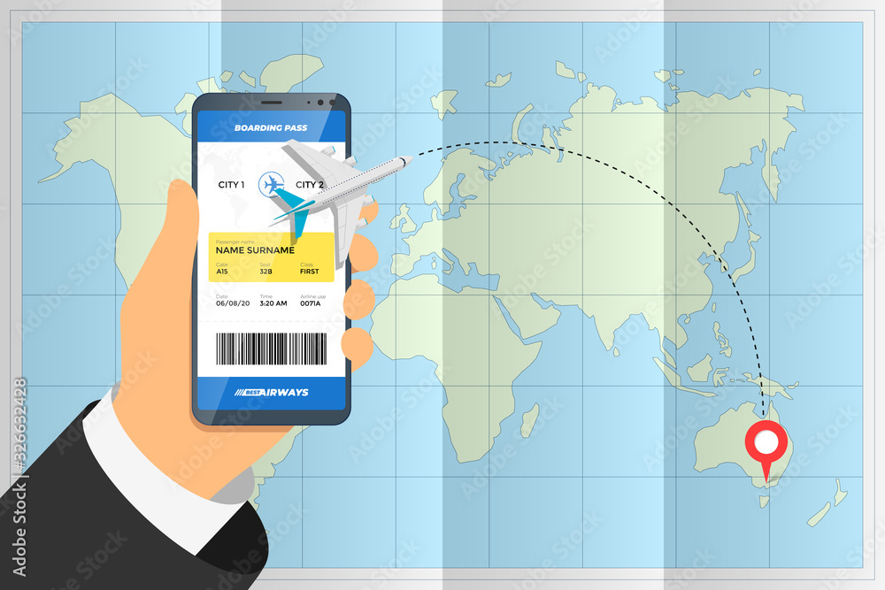 Hand holding smartphone with mobile app ordering flight ticket and ...