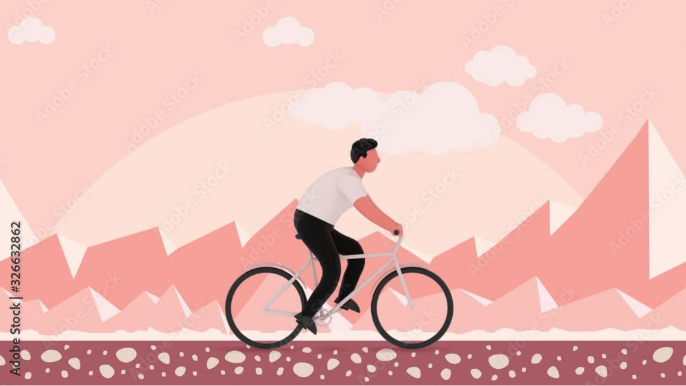 Cartoon man riding a bicycle a red Martian background with mountains ...