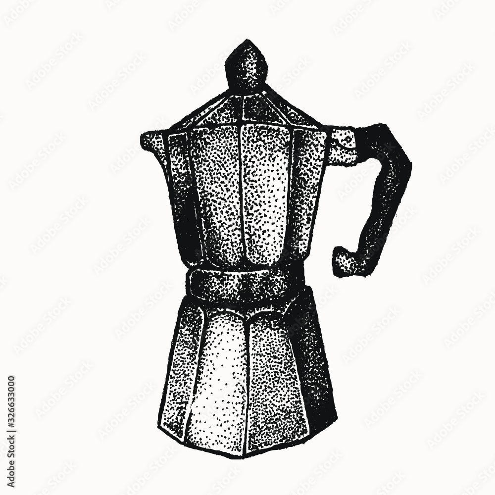 Vintage moka pot coffee hand drawn illustration in stippling technique ...