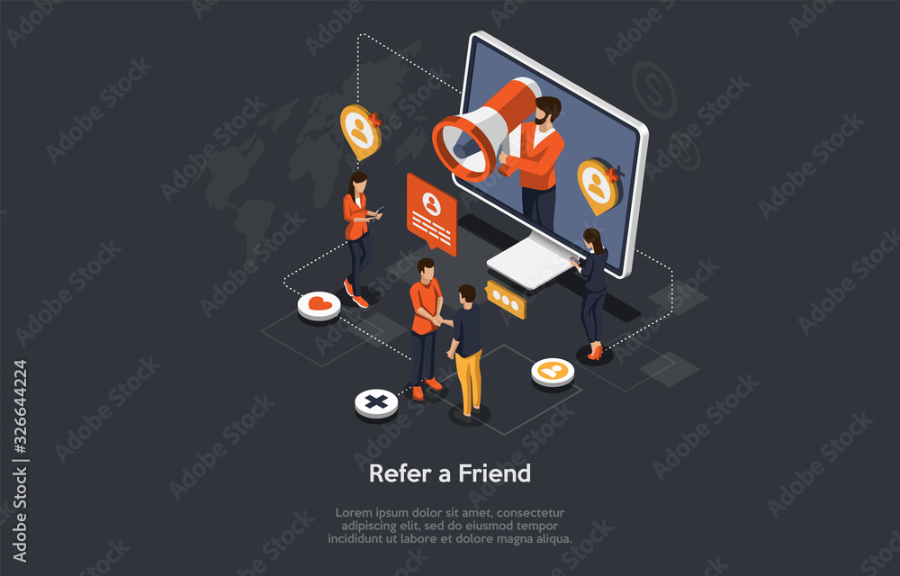 Isometric Refer a Friend Concept. Man Use Megaphone With Refer a Friend ...