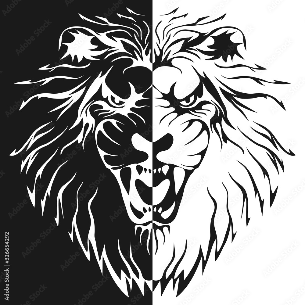 Lion head silhouette, half lion head in black tones isolated on white ...