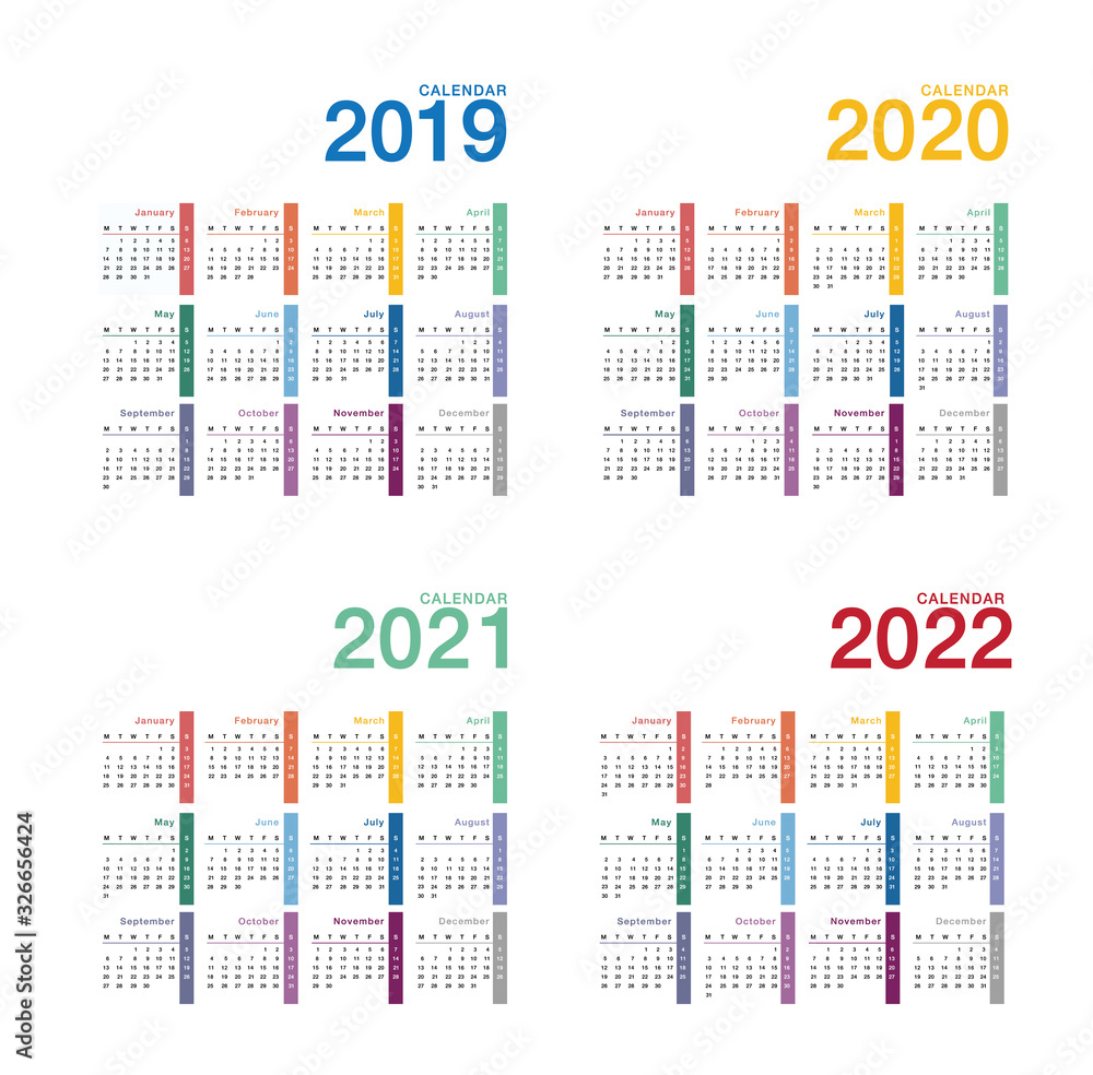 Year 2019 and Year 2020 and Year 2021 and Year 2022 calendar vector ...