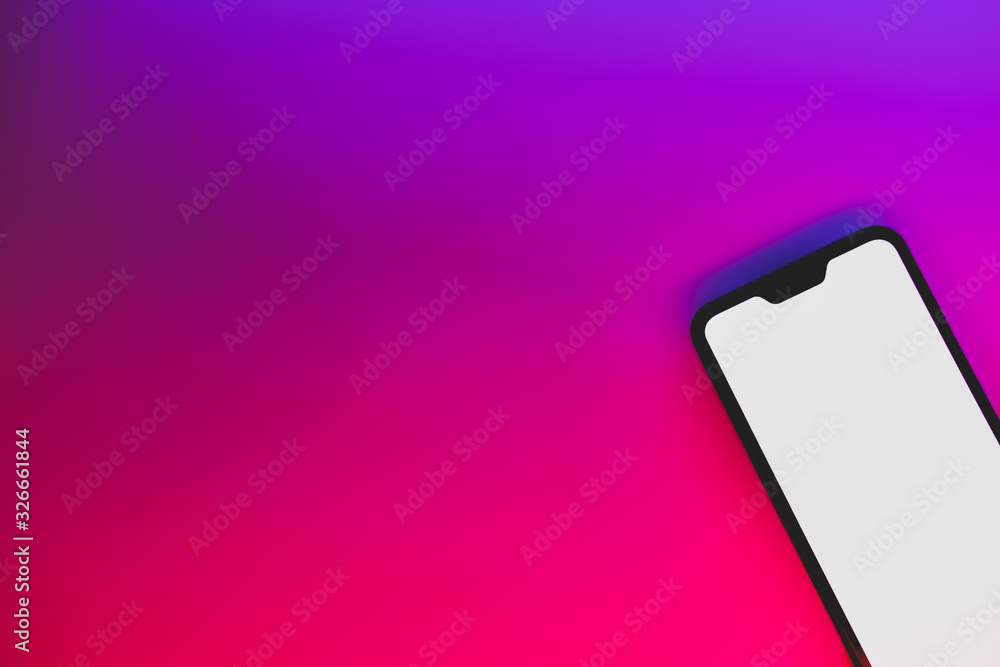 Modern generic smartphone in neon backdrop. Cellphone with white screen ...