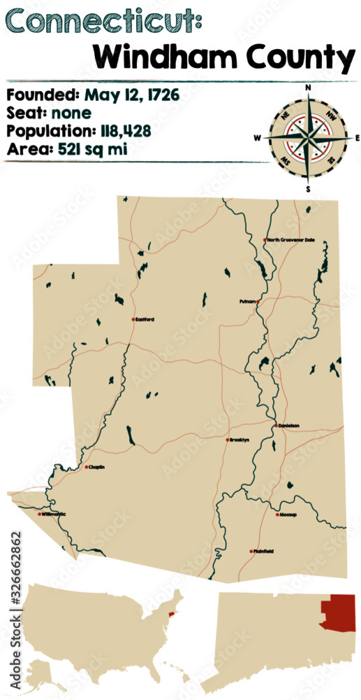 Large and detailed map of Windham county in Connecticut, USA. Stock ...