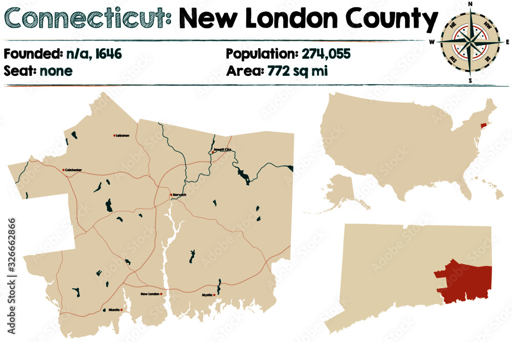 Large and detailed map of New London county in Connecticut, USA. Stock ...