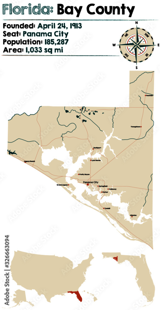 Large and detailed map of Bay county in Florida, USA. Stock Vector ...