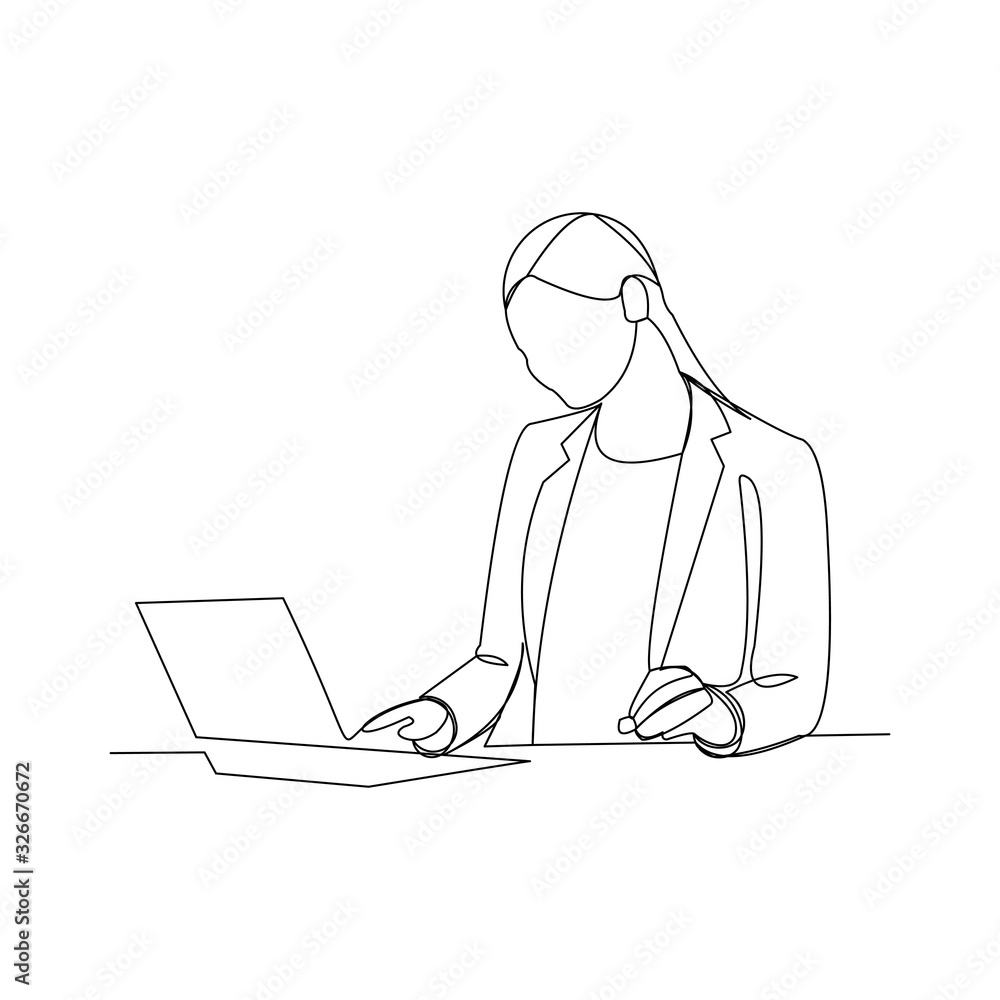 Continuous line drawing of business woman sitting with laptop at office ...