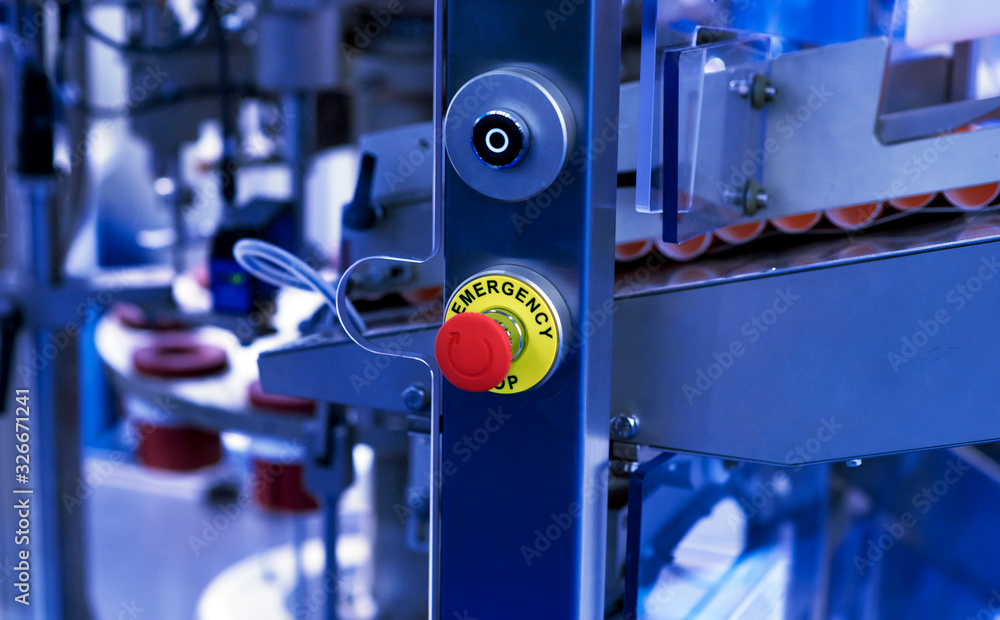 emergency stop button install at new pharmacological machine Stock ...