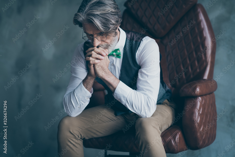 Please give me success. Frustrated old rich wealthy man sit armchair ...