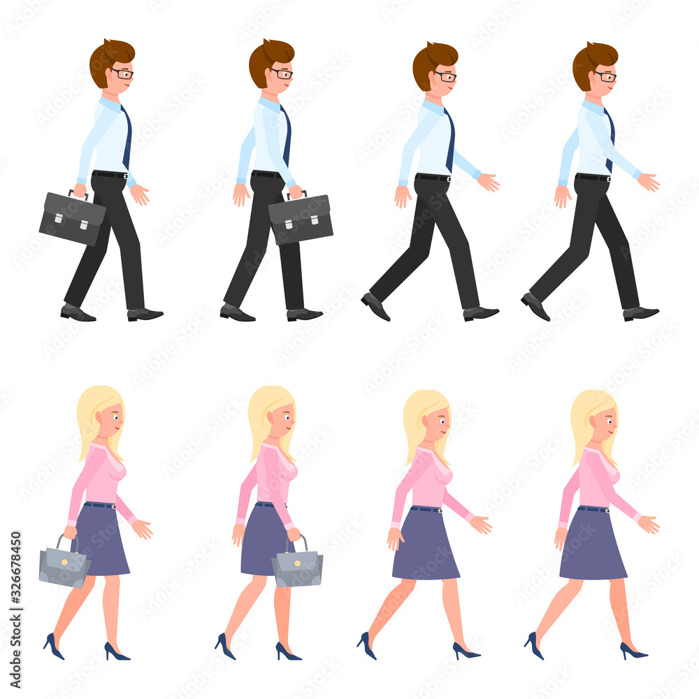 Young, adult man and woman walking sequence poses vector illustration ...