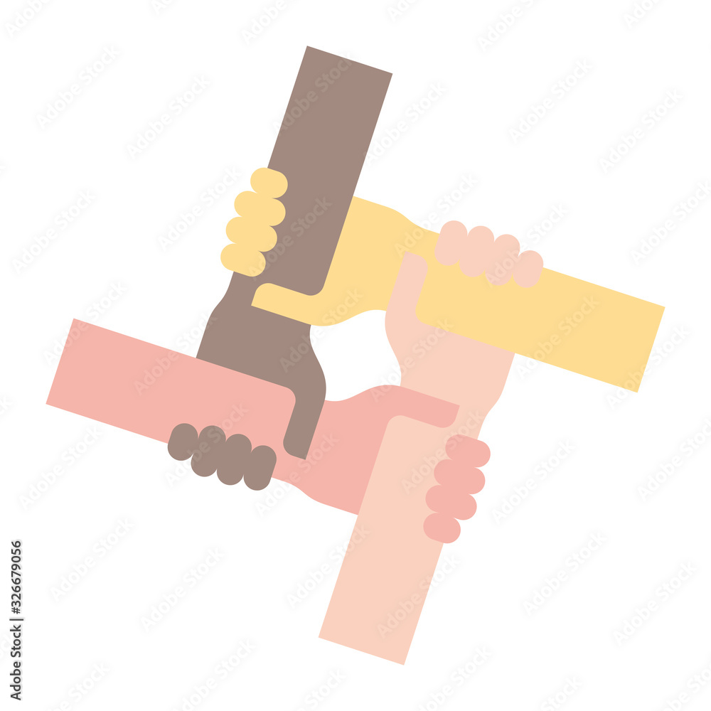 Vector of four holding each other hands. Friendship symbol. Isolated on ...