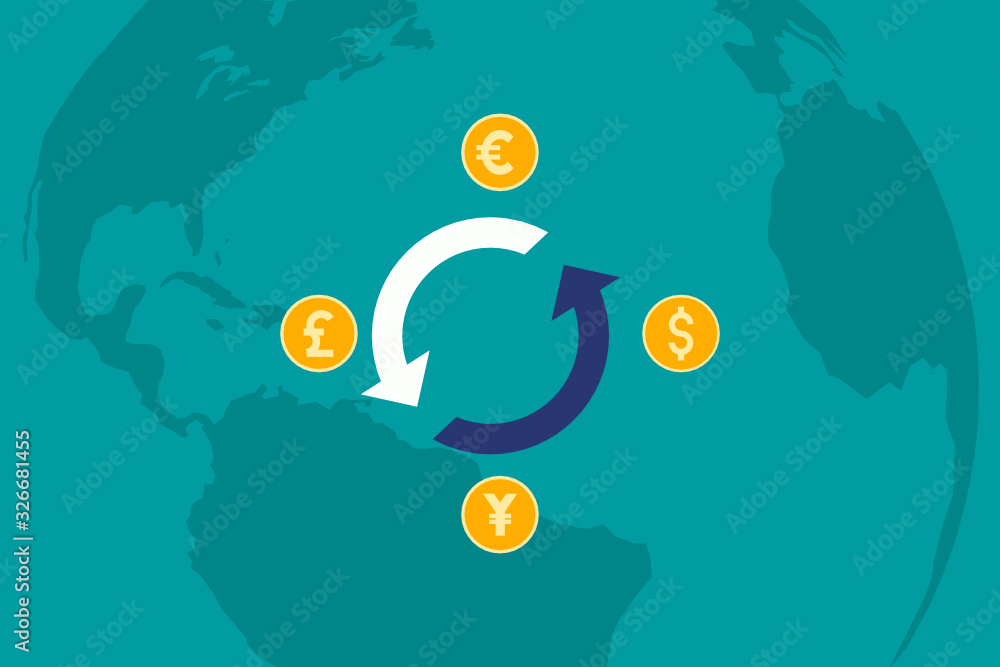 Foreign currency exchange on world map backgrounders Stock Vector ...