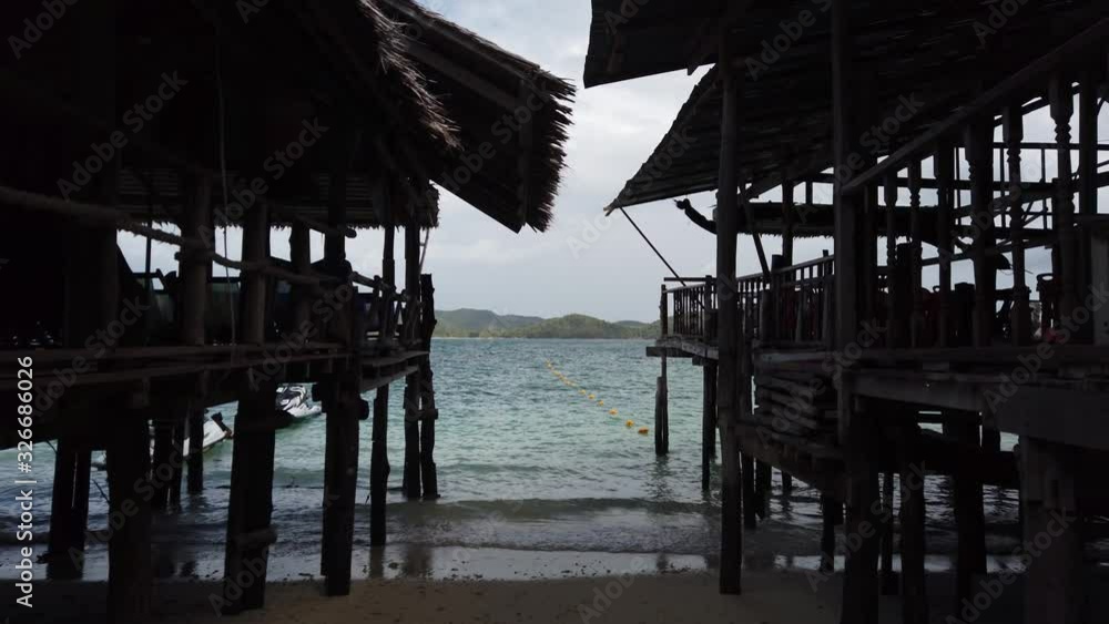 Beautiful paradise point of view while walking between two beach huts ...