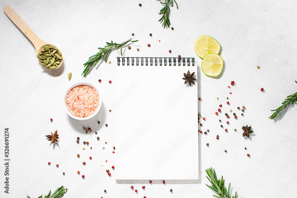 Menu or culinary book template. Blank notepad and different aromatic ...