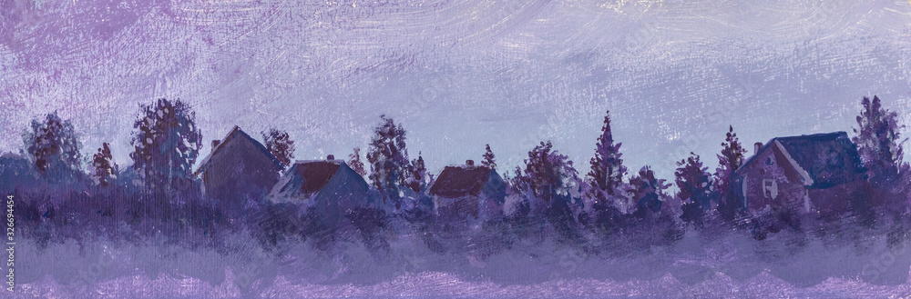 Evening night rural landscape acrylic oil painting. Old village houses ...