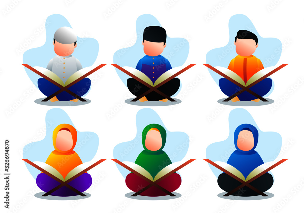 Pack of Faceless Moslem boy and girl kids characters reading book of ...