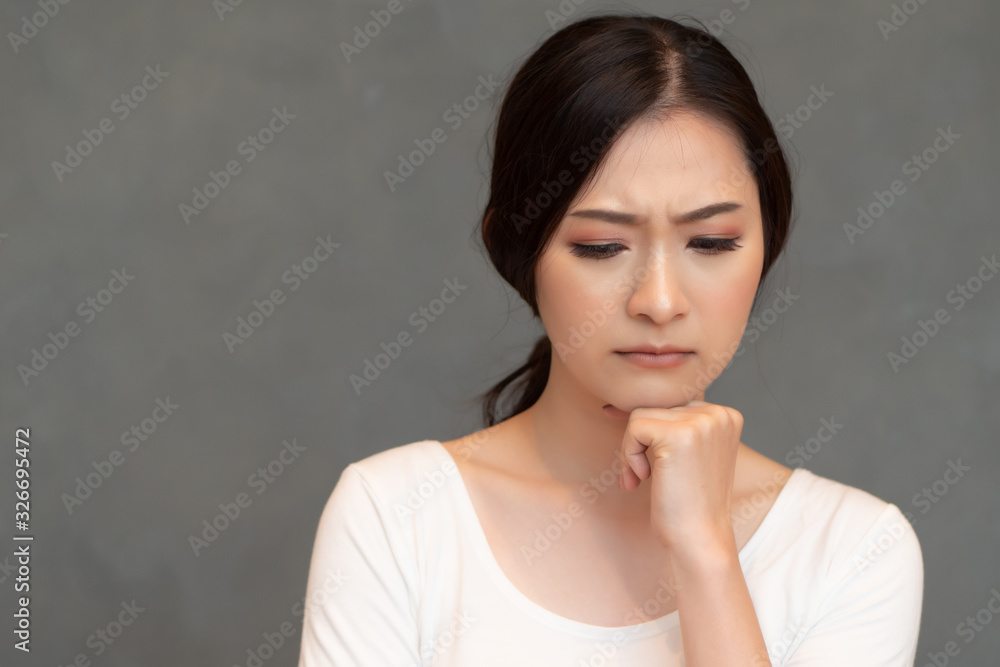 stressed upset thoughtful asian woman thinking, planning about problem ...