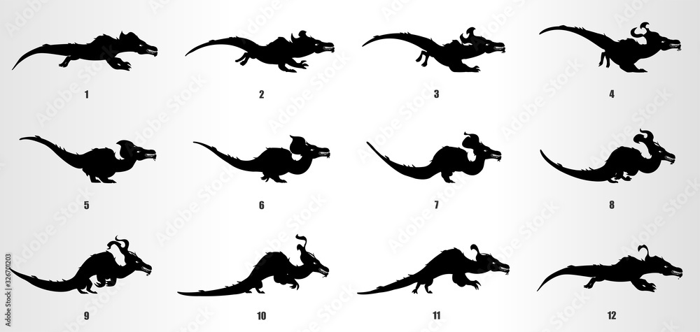 Vetor de Dragon Run cycle animation frames silhouette, loop animation ...