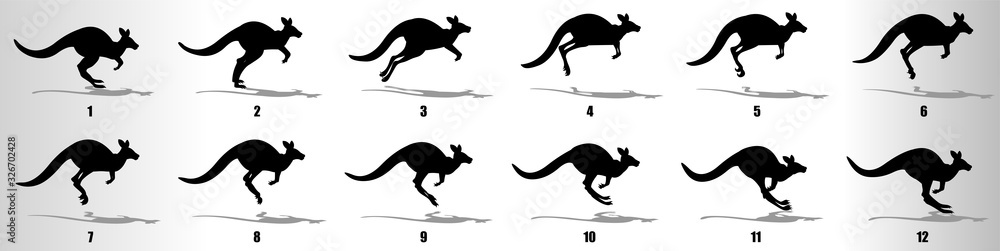 Kangaroo run cycle animation frames silhouette, loop animation sequence sprite sheet Stock ...