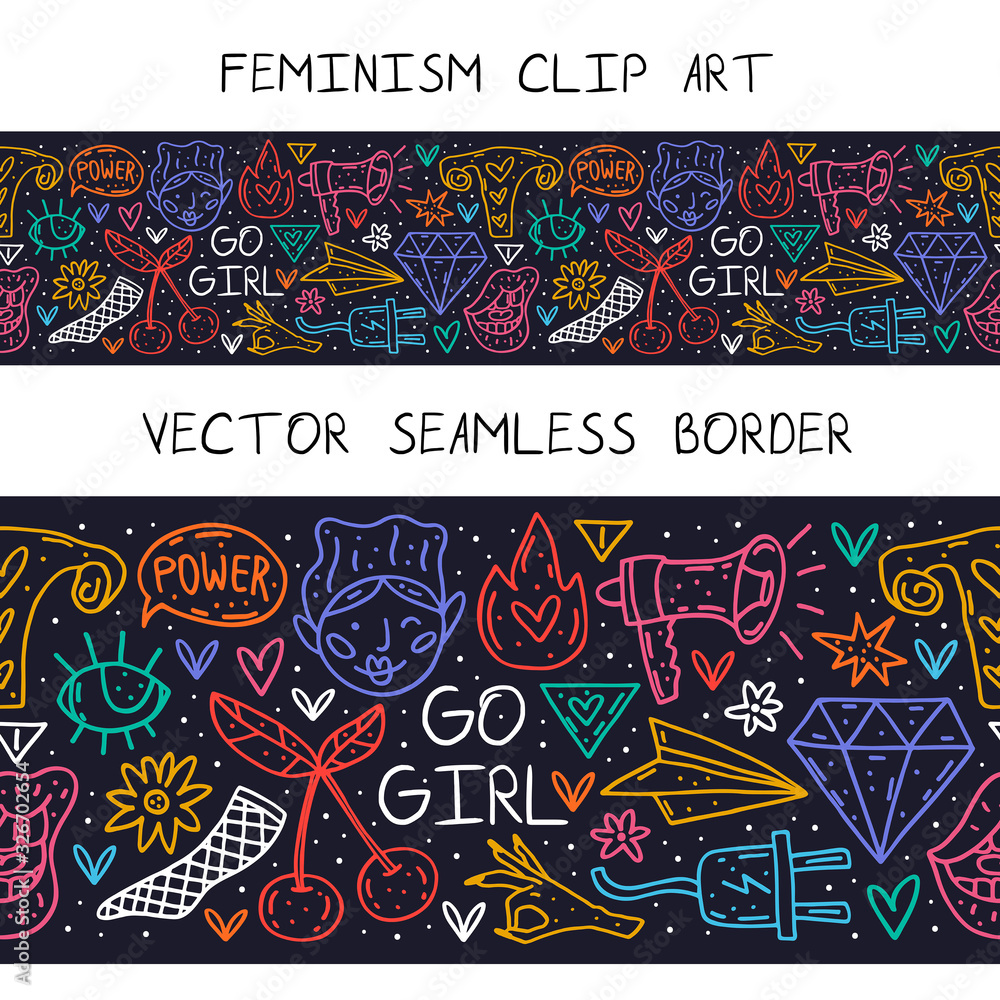 Go girl cute cartoon hand drawn doodle vector seamless border, pattern ...