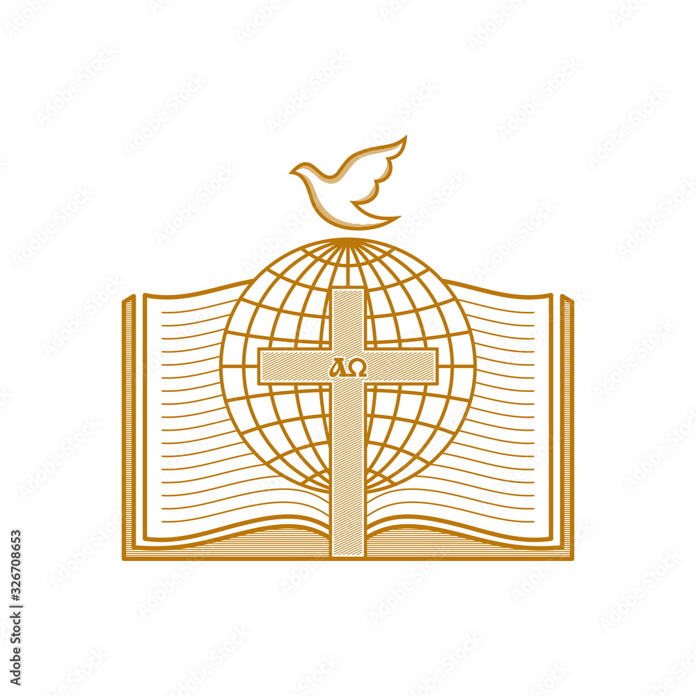 Church logo. Christian symbols. Open bible, cross and globe. Stock ...