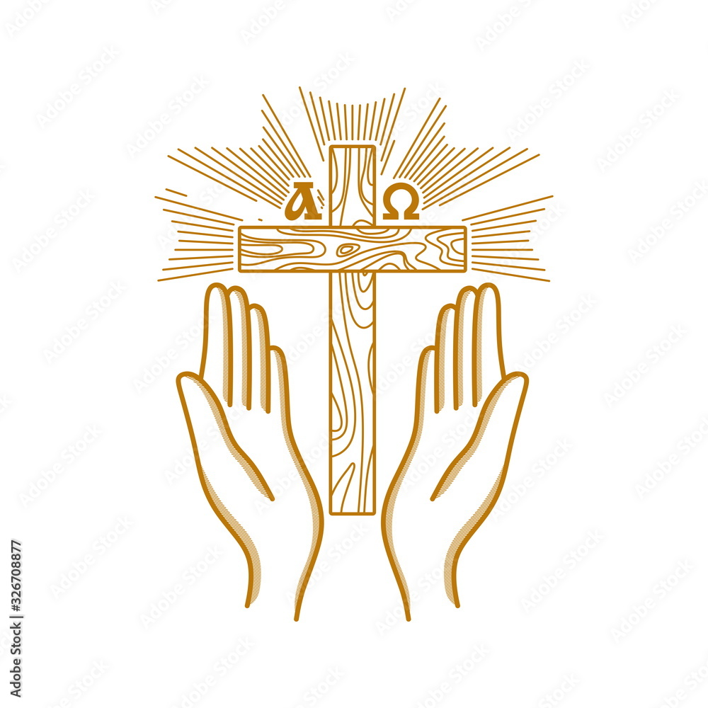 Church logo. Christian symbols. Hands raised to the cross of the Lord ...