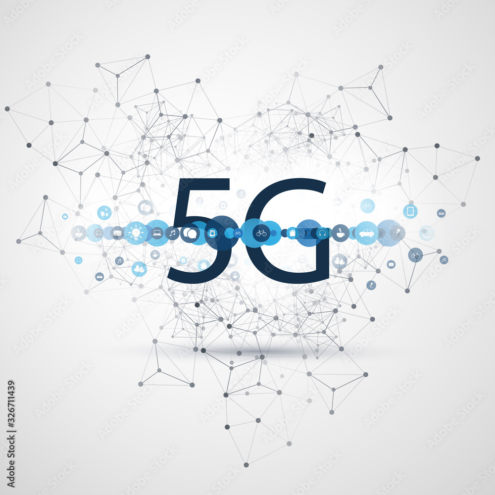 5G Network Label with Wireframe and Icons - High Speed, Broadband ...
