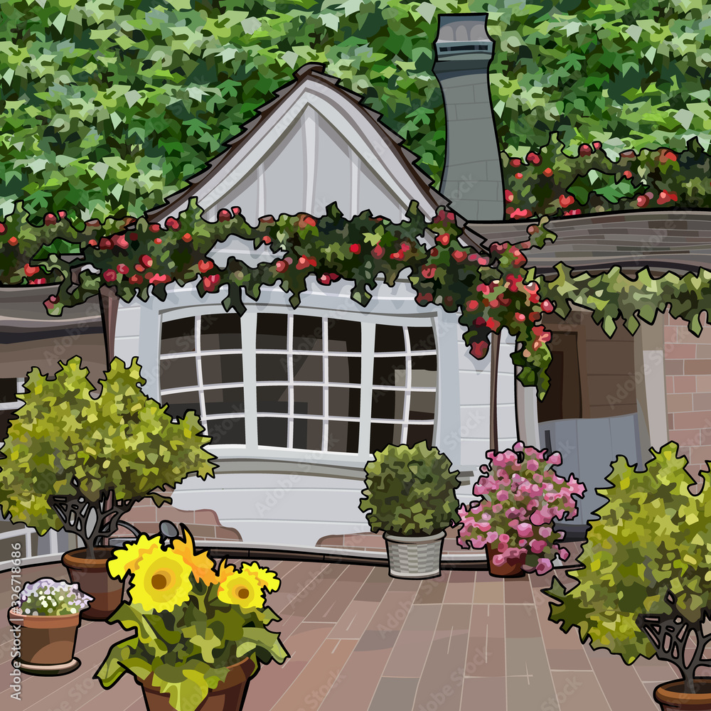 cartoon one story wooden house overgrown with greenery and flowers in ...