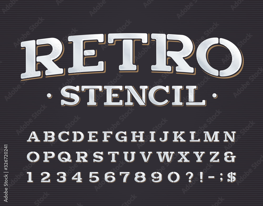 Retro Stencil alphabet font. Serif letters, numbers and symbols. Stock ...