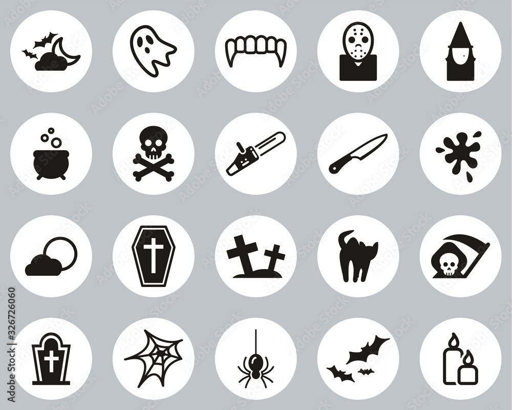 Horror Or Scary Icons Black & White Flat Design Circle Set Big Stock ...