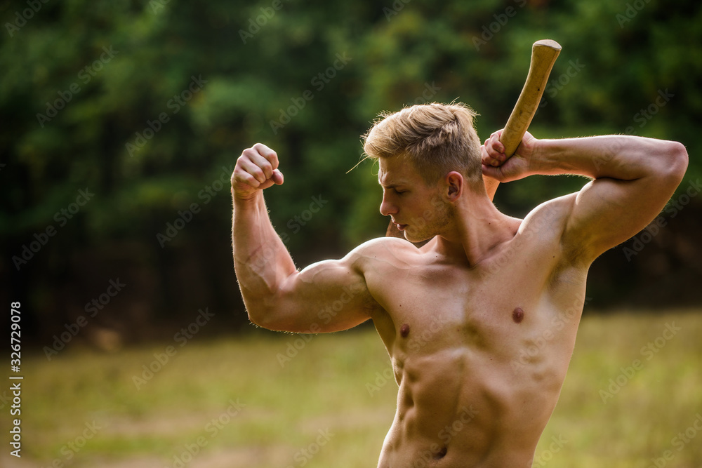 Strength and power concept. Handsome shirtless man muscular body ...