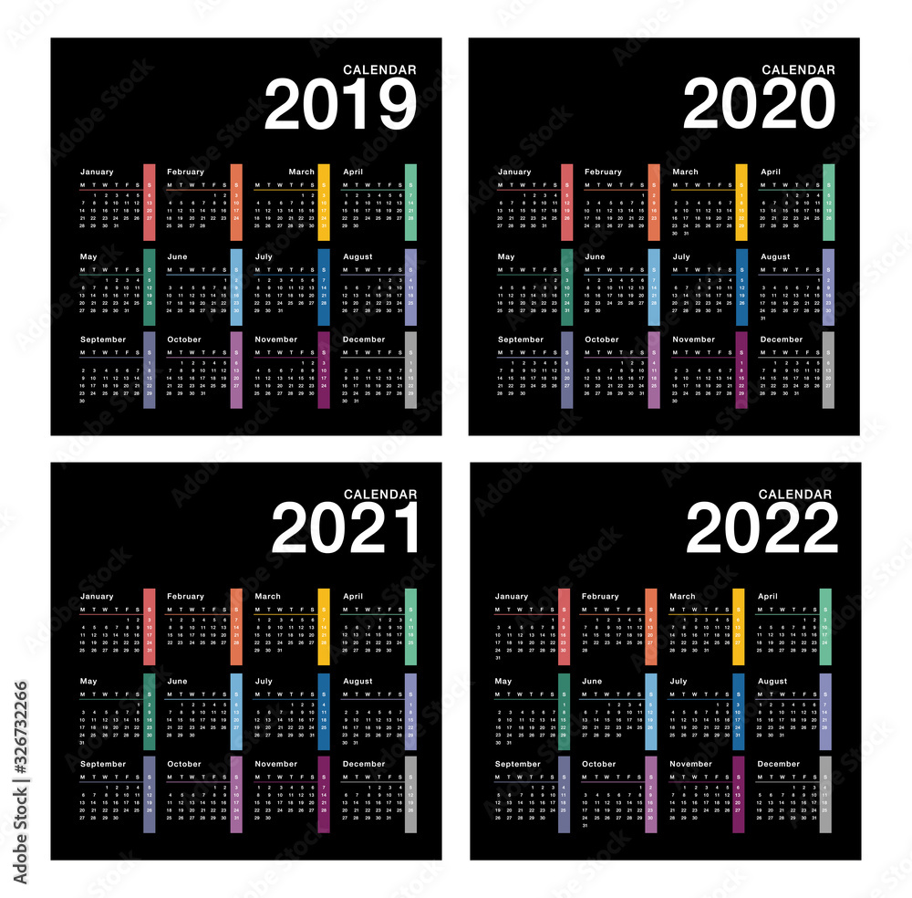 Year 2019 and Year 2020 and Year 2021 and Year 2022 calendar vector ...